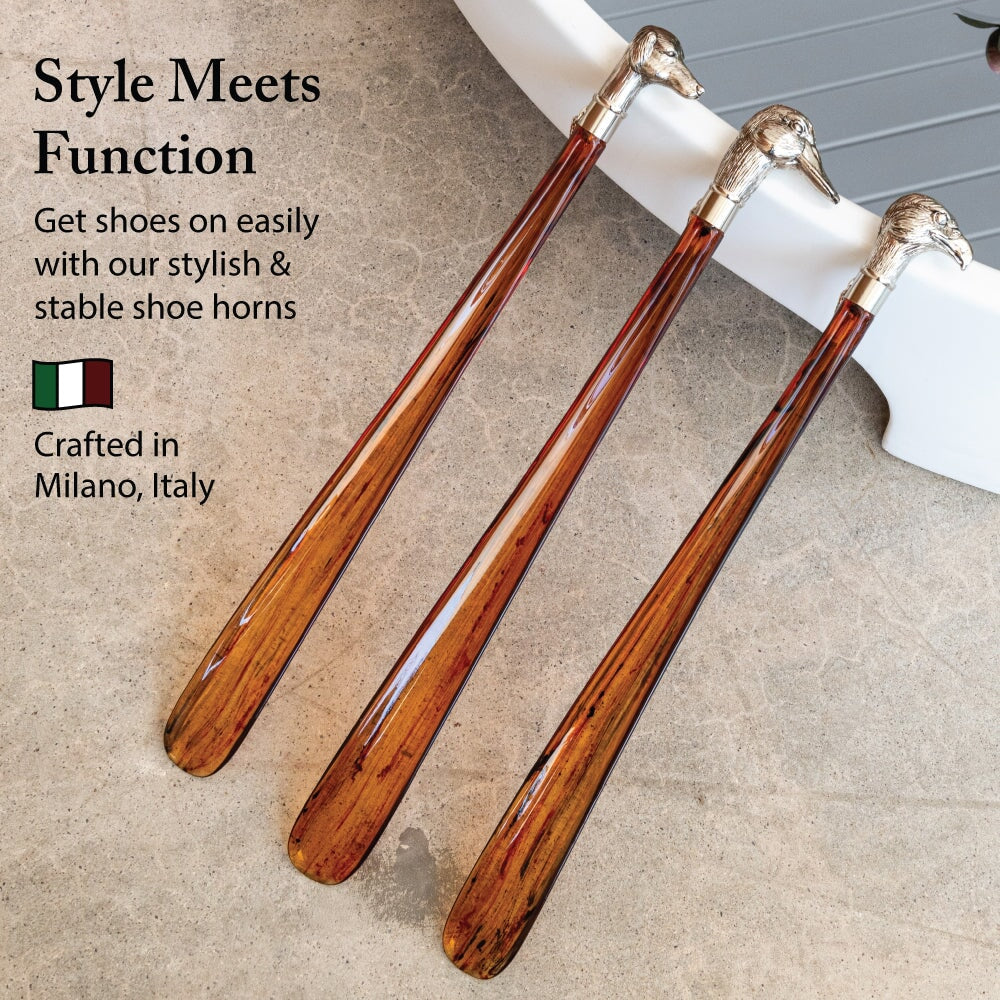 Medium 21" Shoe Horn with Tortoiseshell Spoon, Nickel Plated Dolphin H ...